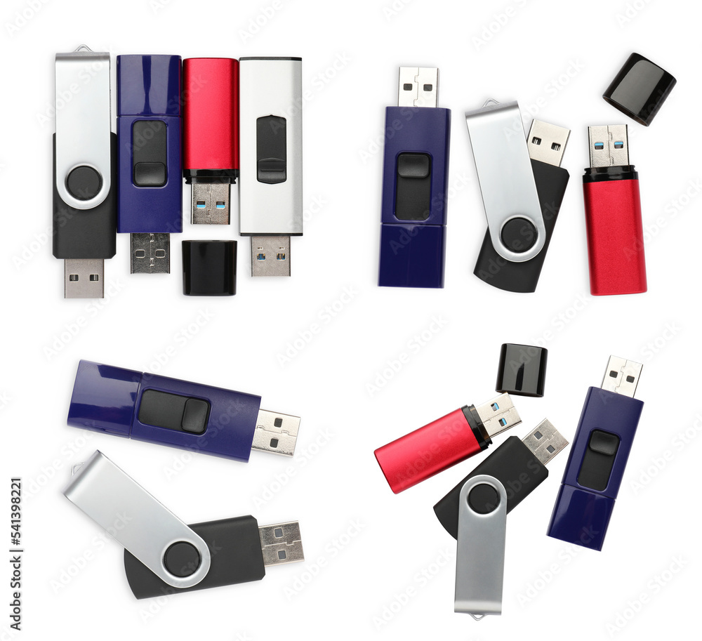 Set with modern usb flash drives on white background, top view Stock ...