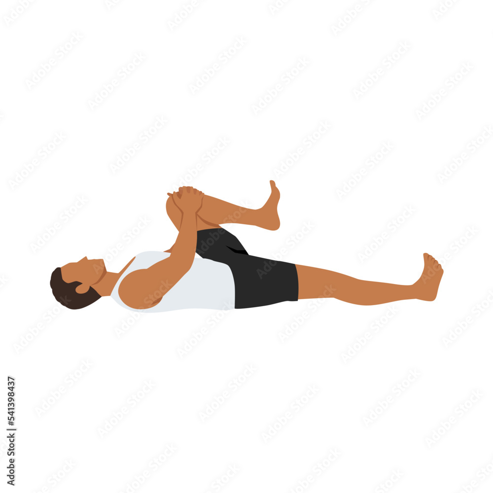 Man doing pawanmuktasana or Half wind release pose exercise. Flat ...