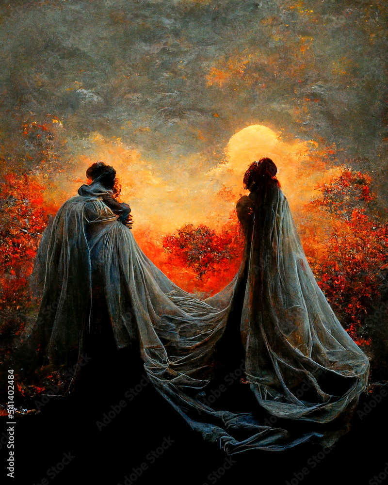 Two people hug while watching the sunrise together. Digital art and ...