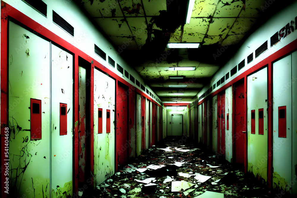 Cel-shaded, school hallway, destroyed, toon-shaded Stock Illustration ...