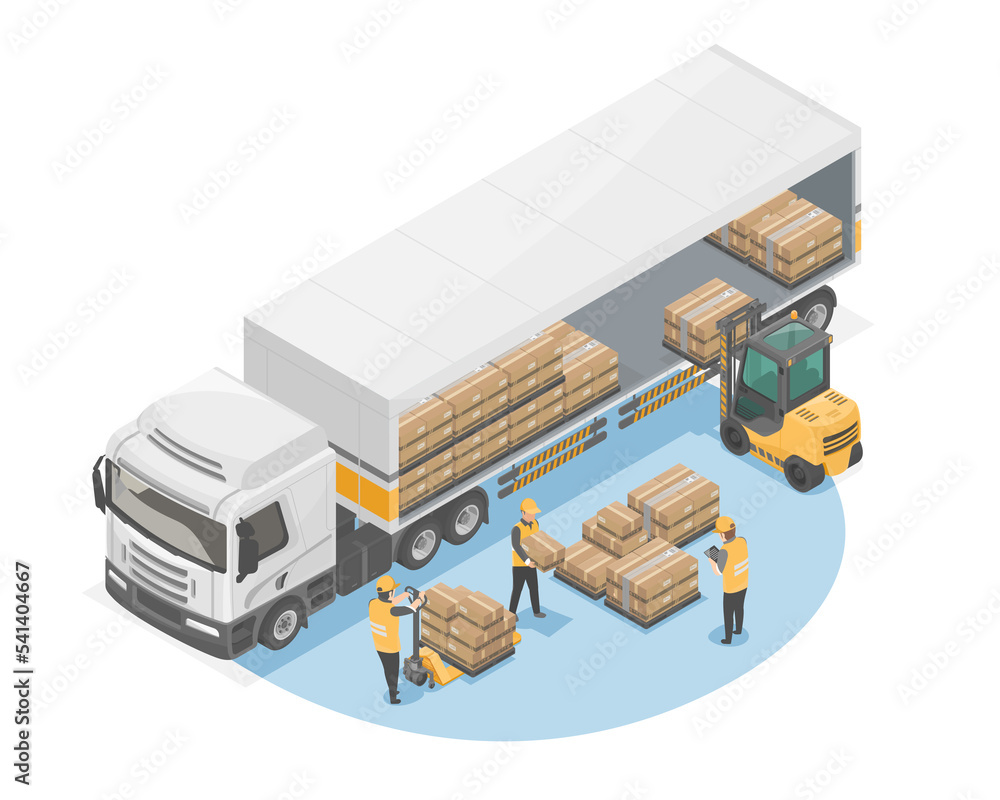 loading pallets box forklift isometric warehouse truck cardboard box in ...