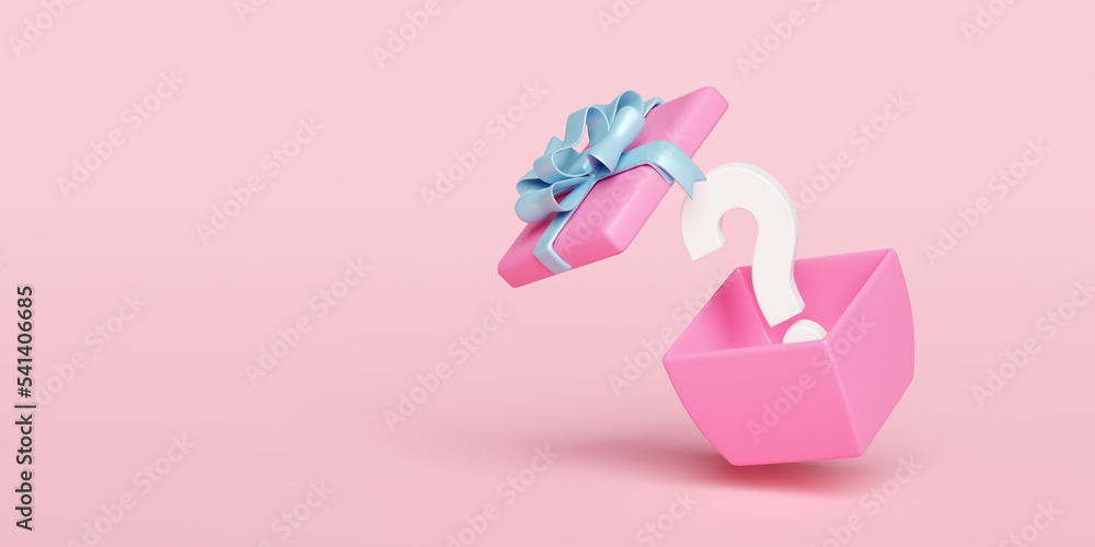 3d open gift box with white question mark symbol icon isolated on pink ...