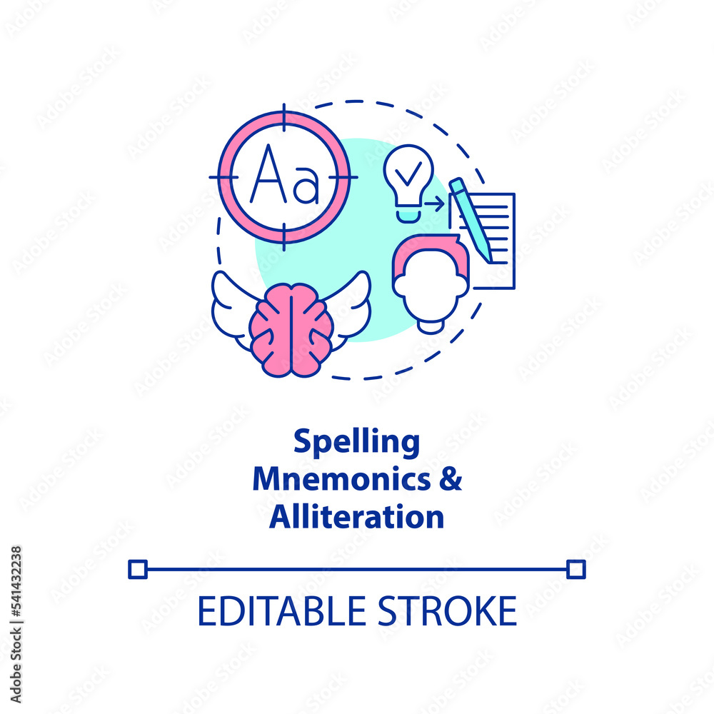 Verbal memory technique concept icon. Spell mnemonics, alliteration ...