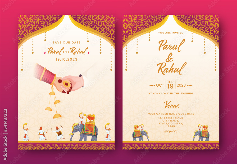 Hindu Wedding invitation with Bride and Groom Holding Hands and Baarat ...