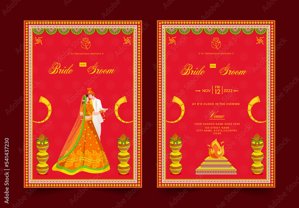 Red Hindu Wedding invitation with traditional bride and groom ...