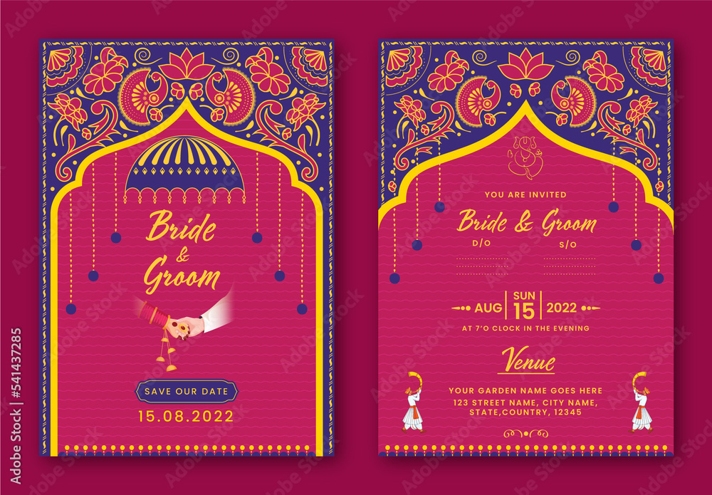 Pink and Blue, Hindu Wedding invitation with Bride and Groom Holding ...