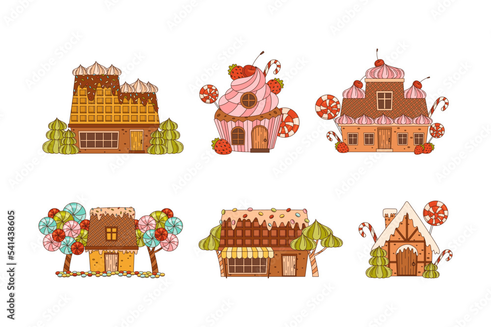 Cute fantasy candy houses with candies and decorations set. Festive ...