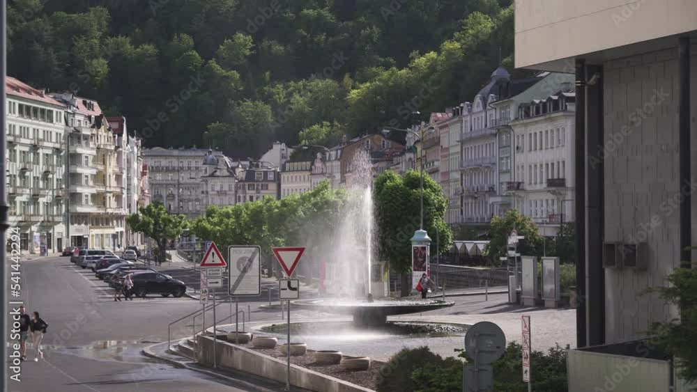 Hot Spring Colonnade water jet in Karlovy Vary or Carlsbad, Czech ...