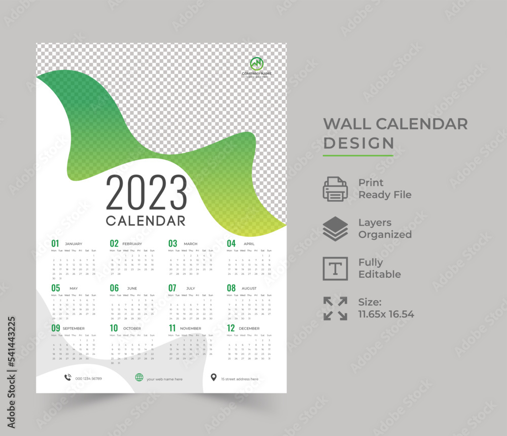2023 Calendar, Print Ready Wall Calendar Template Design For 2023, 2023 ...