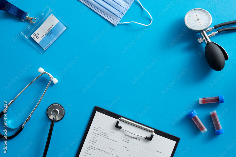 Overhead Flat Lay Medical Shot Of Stethoscope ID Lanyard Blood Samples ...