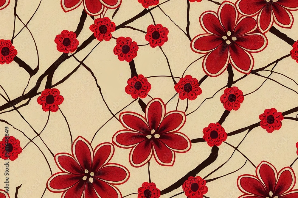 Katazome floral seamless border. Traditional Japanese technique using a ...