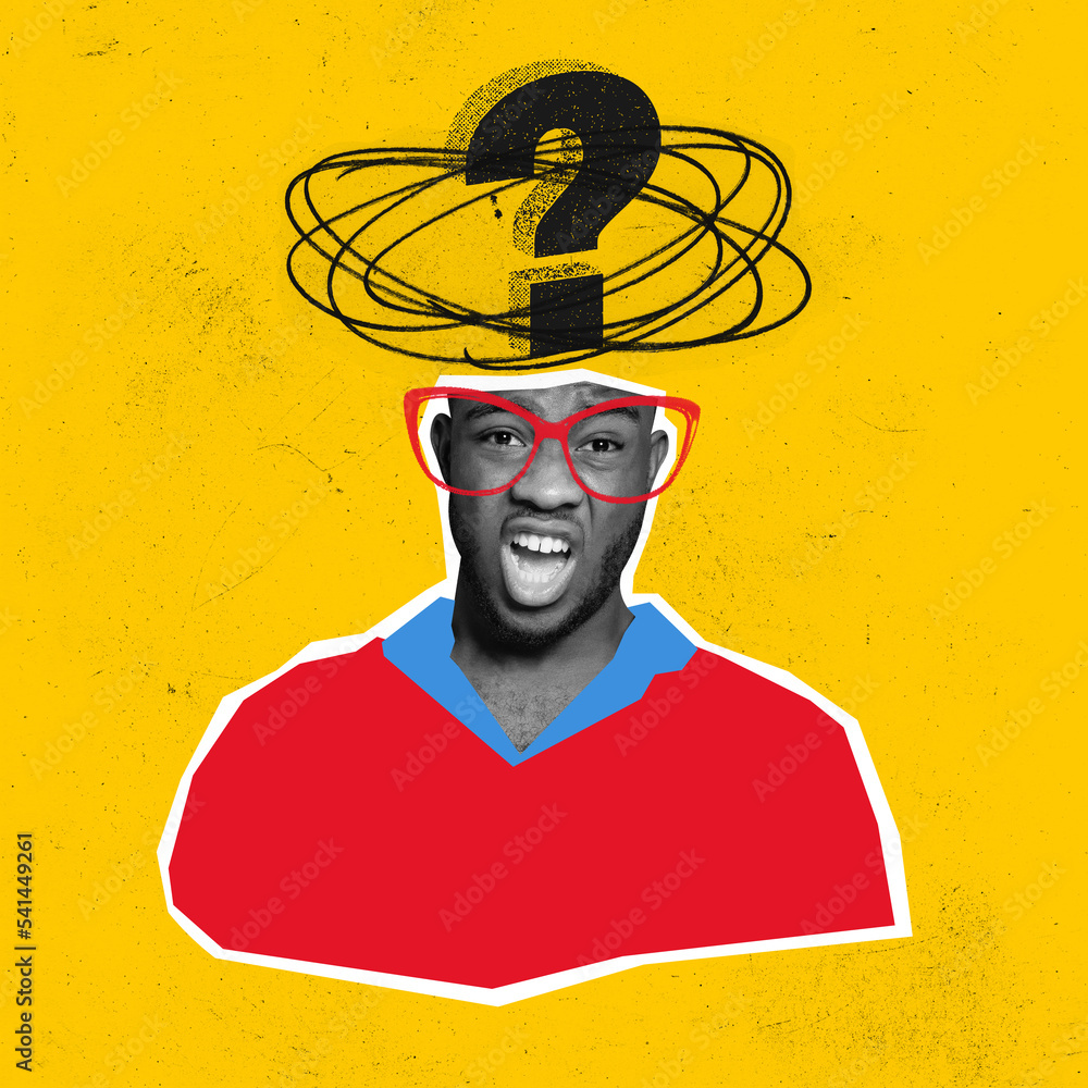 Brain Wash Young Man In Image Of Zombie With Question Mark In His Head Isolated Over Abstract