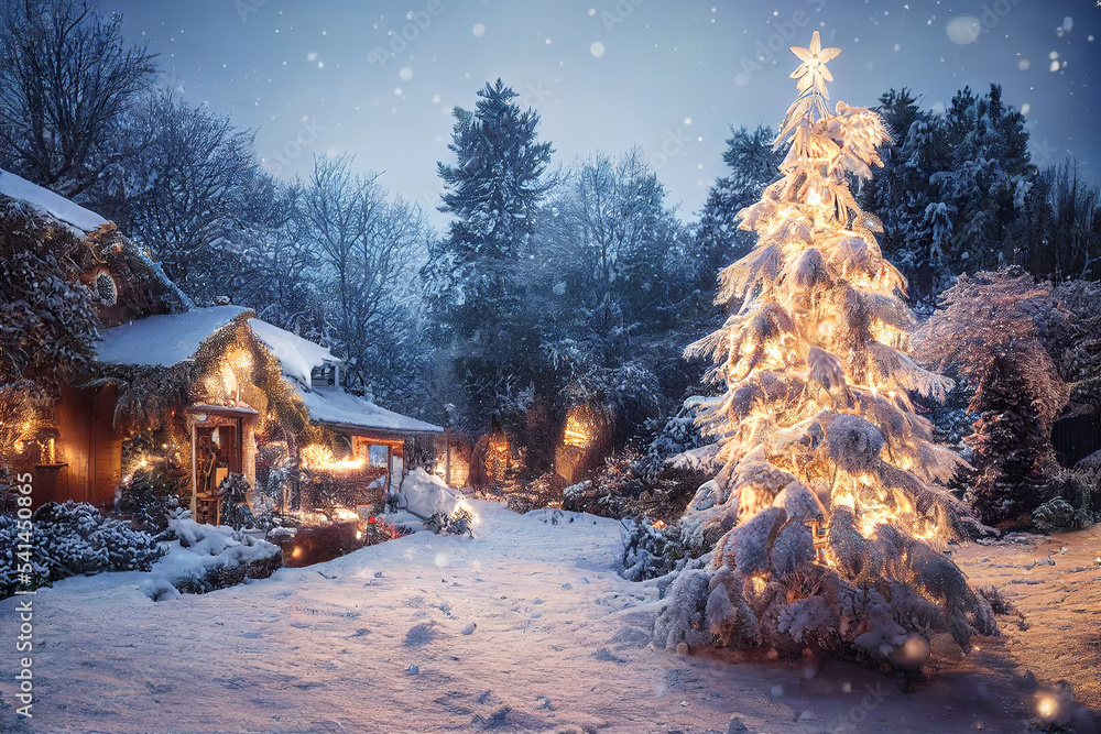 christmas winter outdoor scene, christmas decoration on snowy house ...