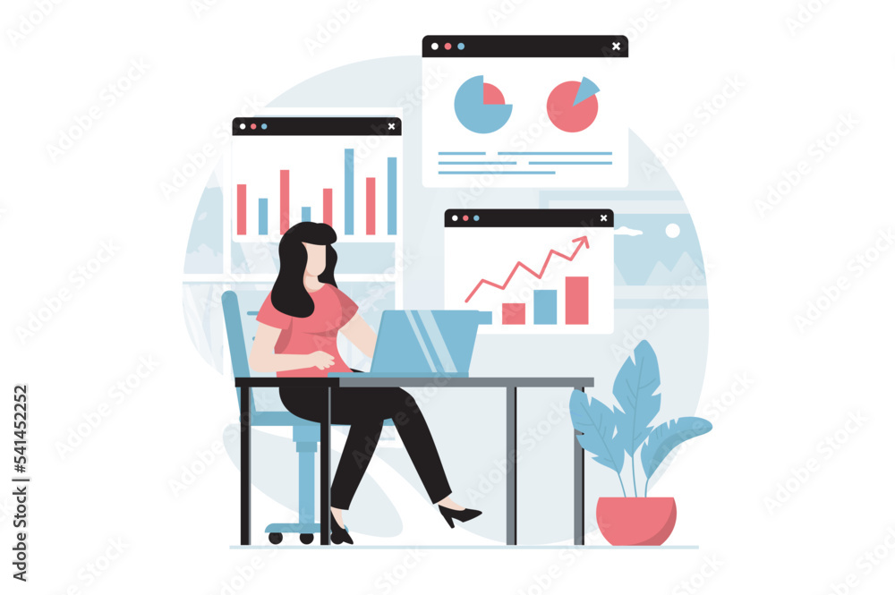 Data analysis concept with people scene in flat design. Woman ...