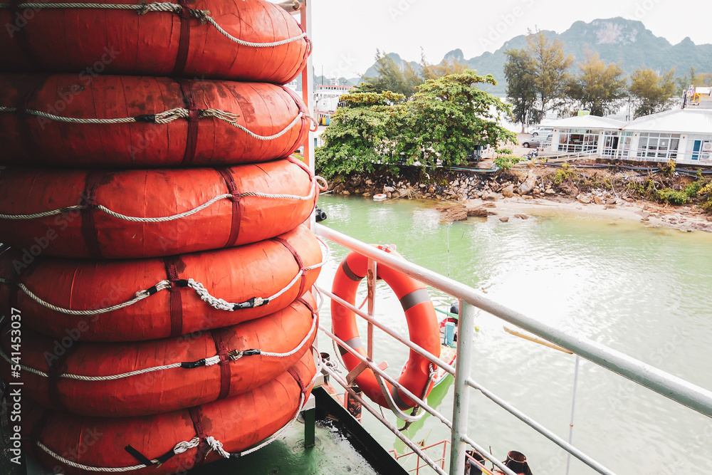 Lifebuoy attached to the side of the boat Ready to use in an emergency ...