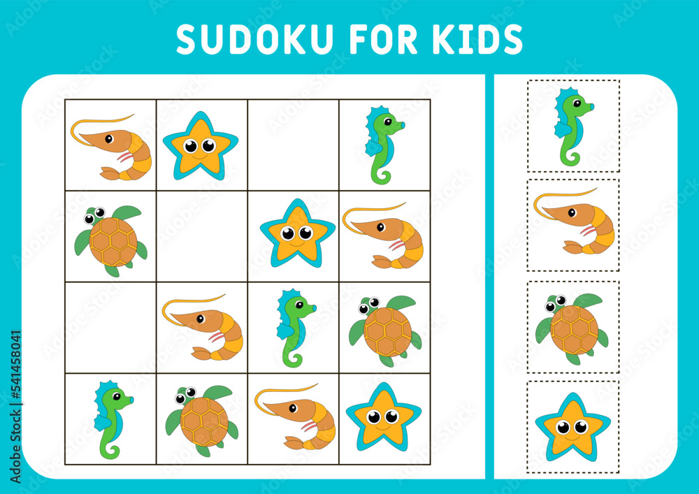 Cartoon sea animals. Sudoku for kids. Education development worksheet ...