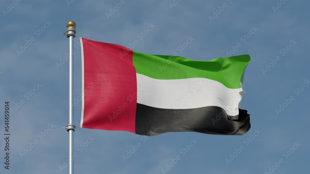 Flag of United Arab Emirates Waving in the wind, Sky and Sun Background ...