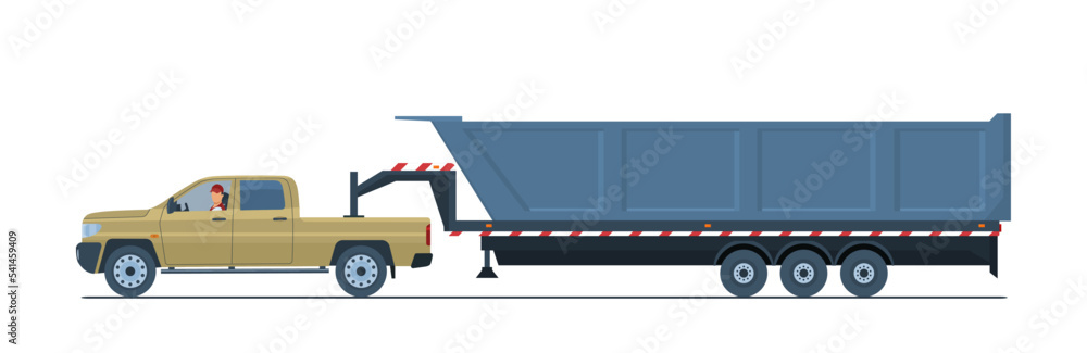 Pickup truck with a large tipper trailer and a male driver. Vector ...