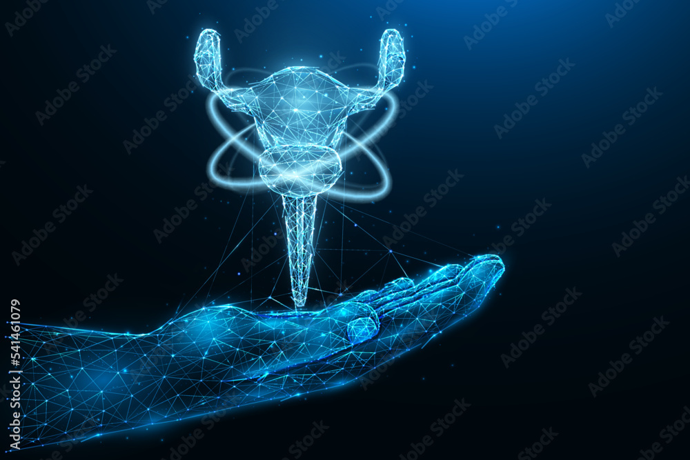 Polygonal vector illustration of a hand with a human uterus. Recovery ...
