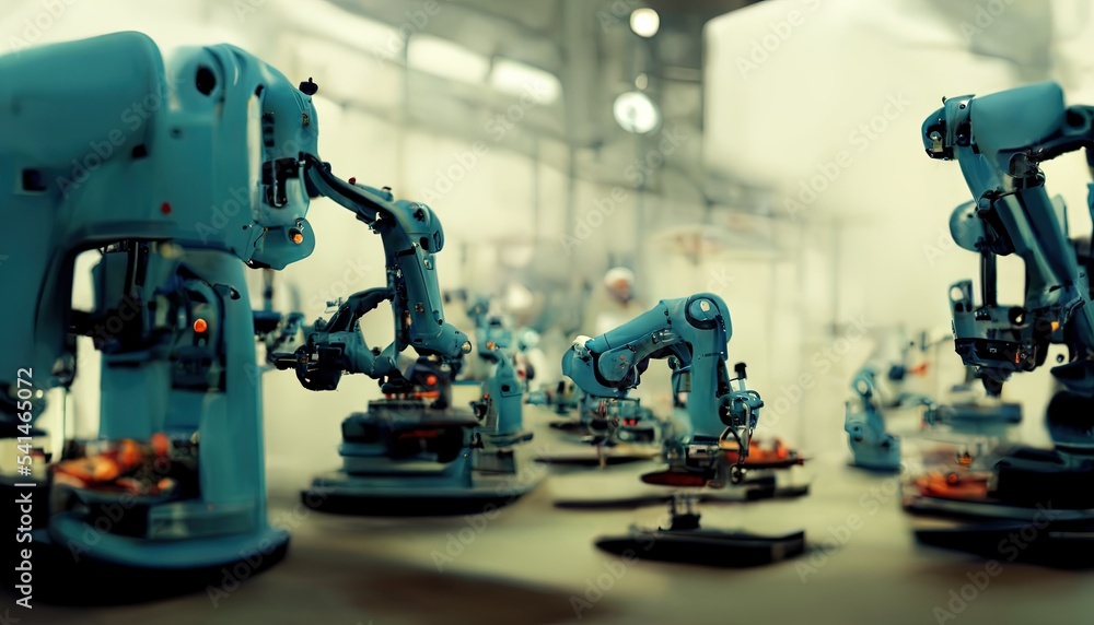 3d interior assembly line in a modern factory, industrial robots ...
