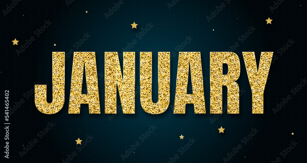january in shiny golden color, stars design element and on dark ...