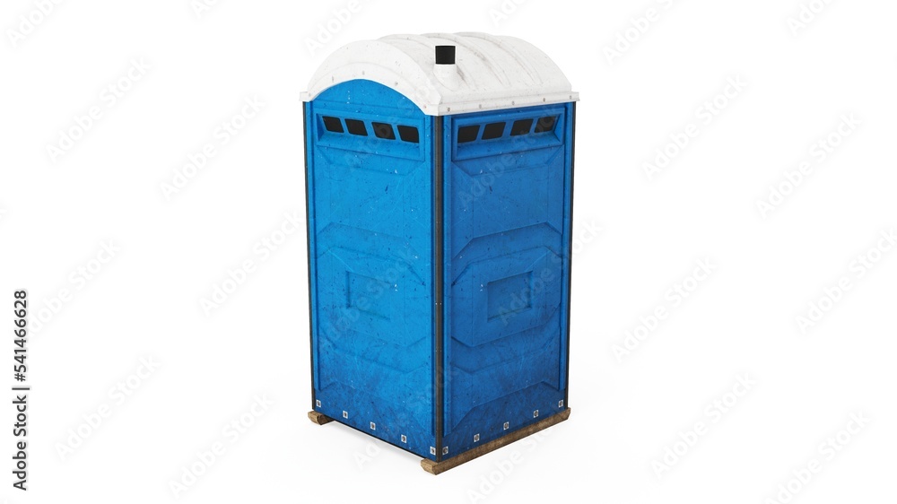 Blue portapotty outdoor construction open door position back view ...