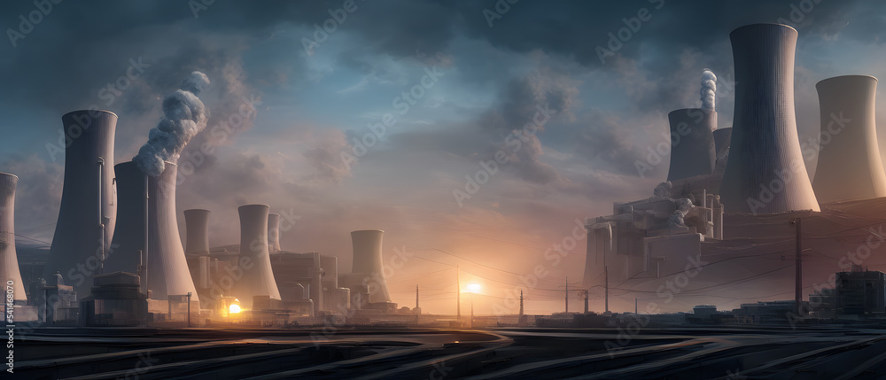Artistic concept illustration of a nuclear power plant, background ...