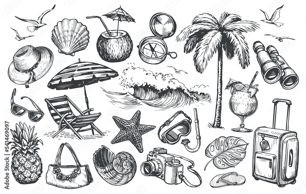 Travel set. Hand drawn vector illustrations in vintage sketch style ...