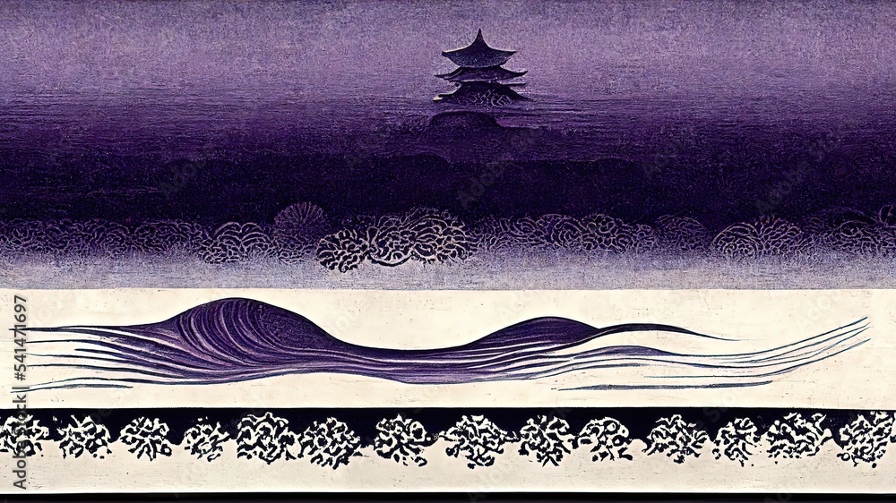 Distant hazy Japanese houses in purple tones with wave-like curves ...