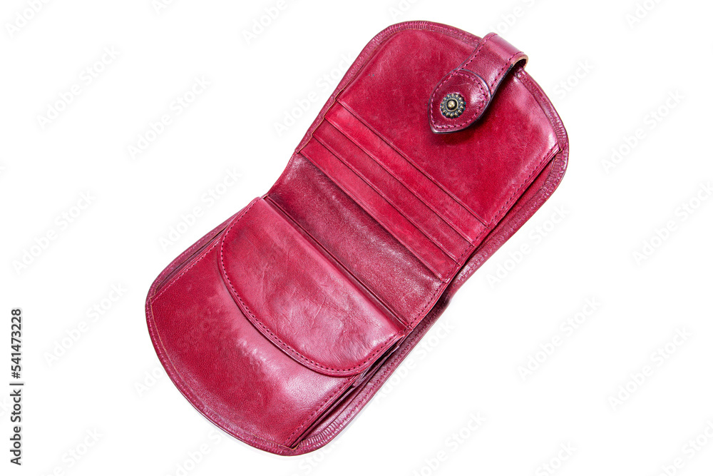 Opened of leather vintage woman wallet isolated on white background ...