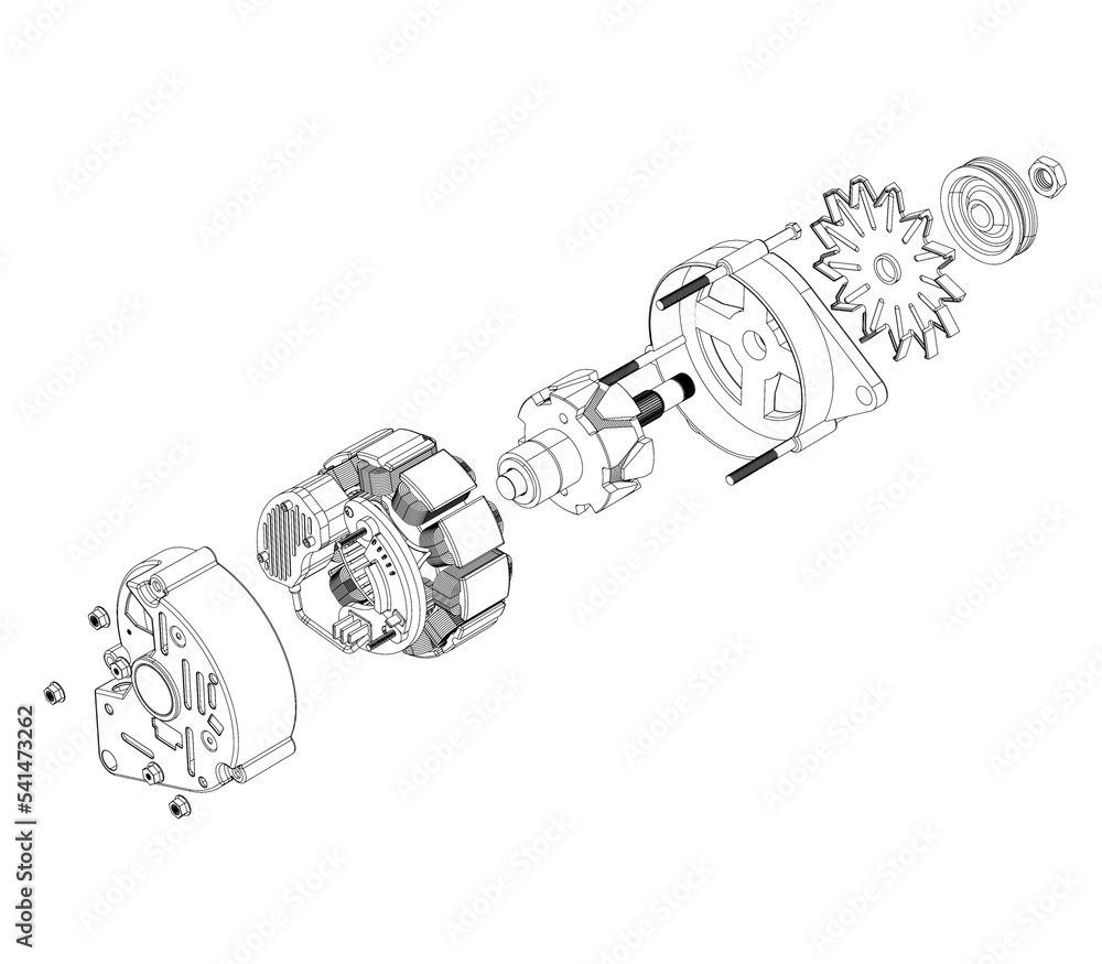 Car alternator exploded isometric view black and white, 3D rendering ...