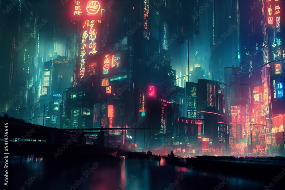 Concept art illustration of cityscape of asian cyberpunk city at night ...