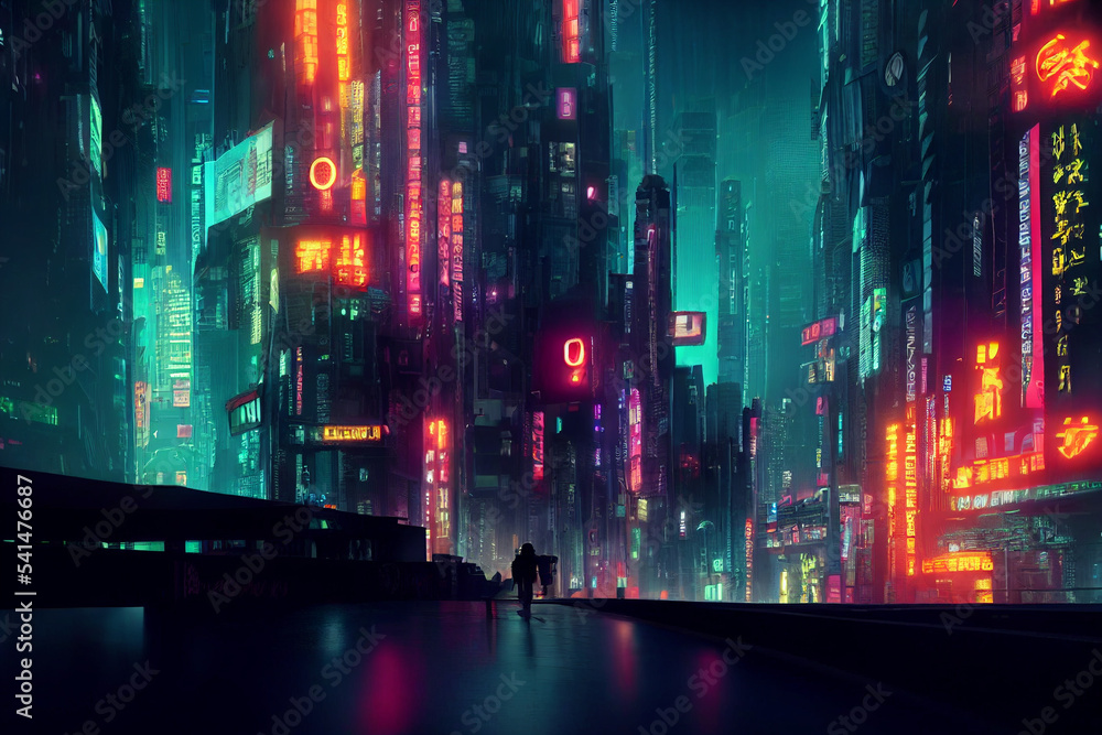 Concept art illustration of cityscape of asian cyberpunk city at night ...