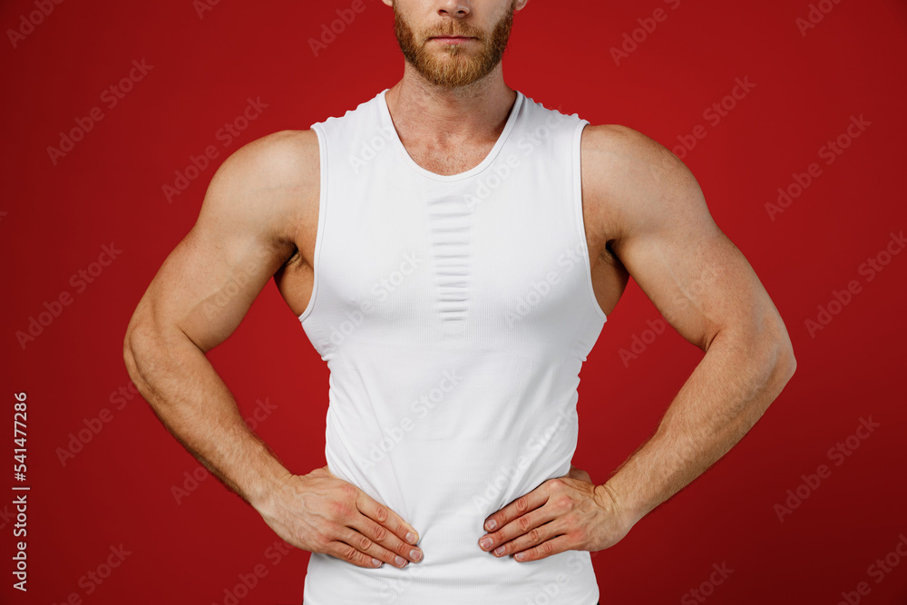 Cropped young strong sporty toned sportsman man wear white clothes ...