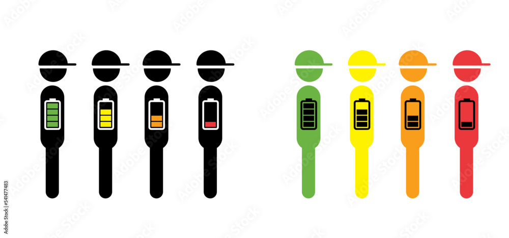 Life energy. Stickman, Businessman with red low battery and stick man ...