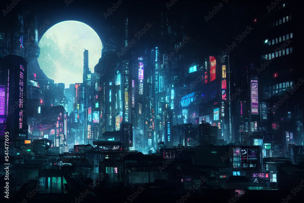 Concept art illustration of cityscape of asian cyberpunk city at night ...