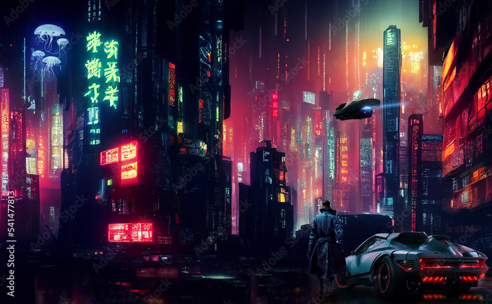 Concept art illustration of cityscape of asian cyberpunk city at night ...