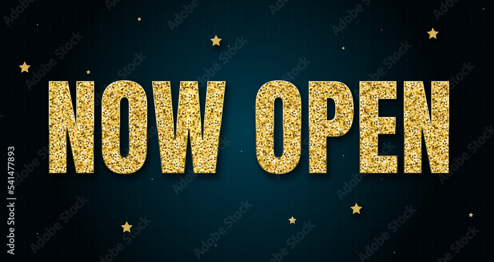 now open in shiny golden color, stars design element and on dark ...