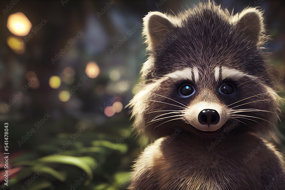Smiling portrait of a cute fluffy cartoon racoon, illustration Stock ...