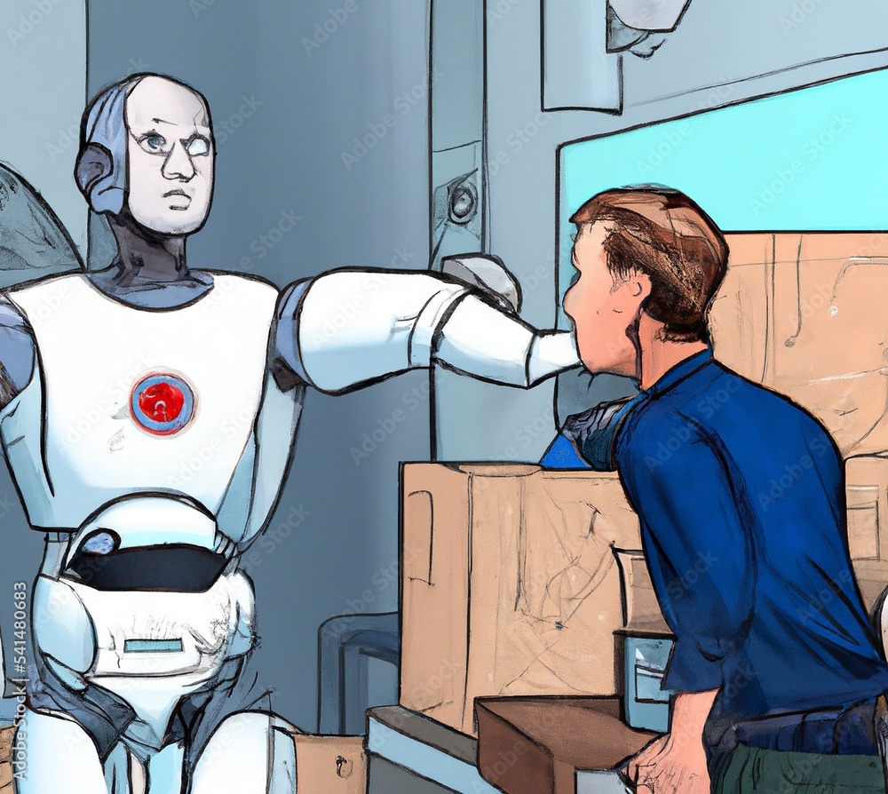 worker scolded by angry bully artificial intelligence robot, working ...