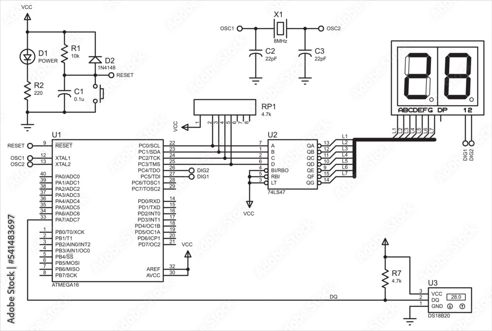 Vector electrical schematic diagram of the temperature meter working ...