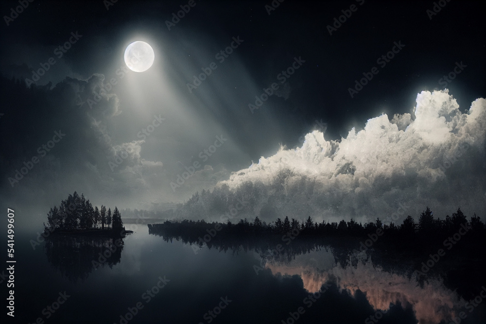 Dramatic dark background. Reflection of light on the water. Smoke Fog ...