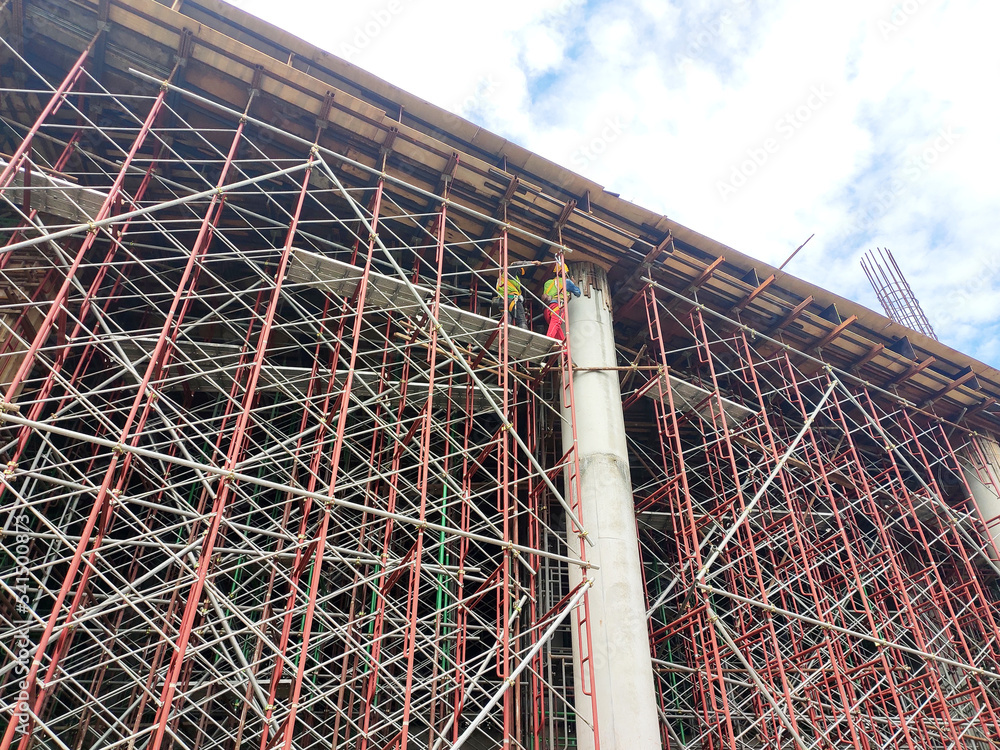 Falsework work at the construction site. It consists of temporary ...
