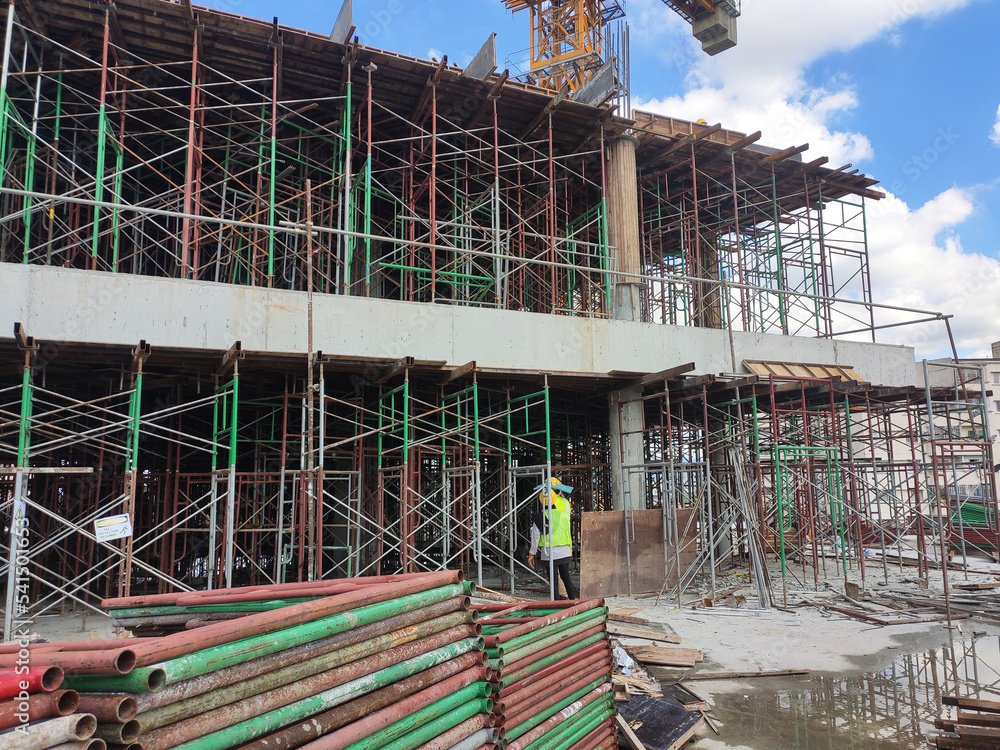 Falsework work at the construction site. It consists of temporary ...