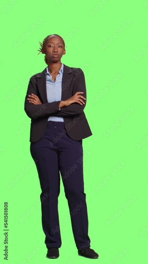 Vertical video: Full body greenscreen backdrop of office manager ...