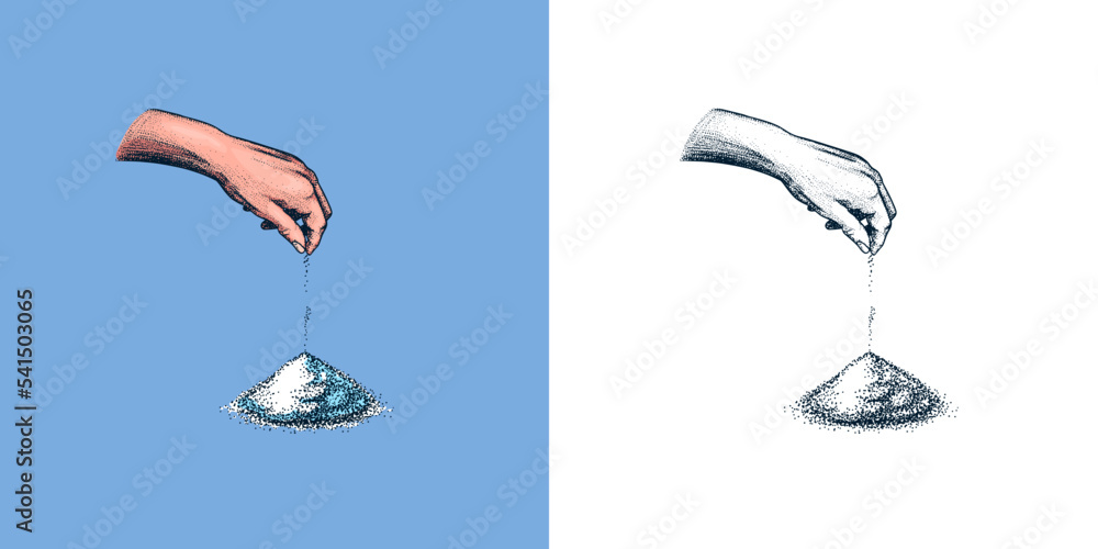 Humans hand pinching sea salt. Sprinkling spices. seasoning line art of ...