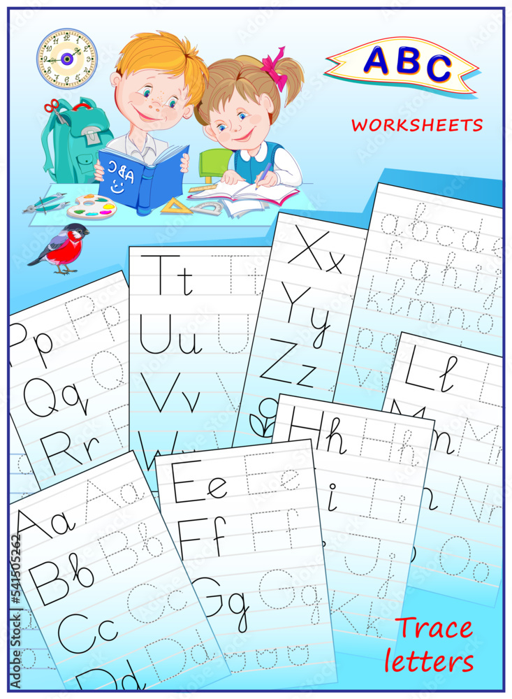 Cover for kids school workbook with exercises. Learn to trace alphabet ...