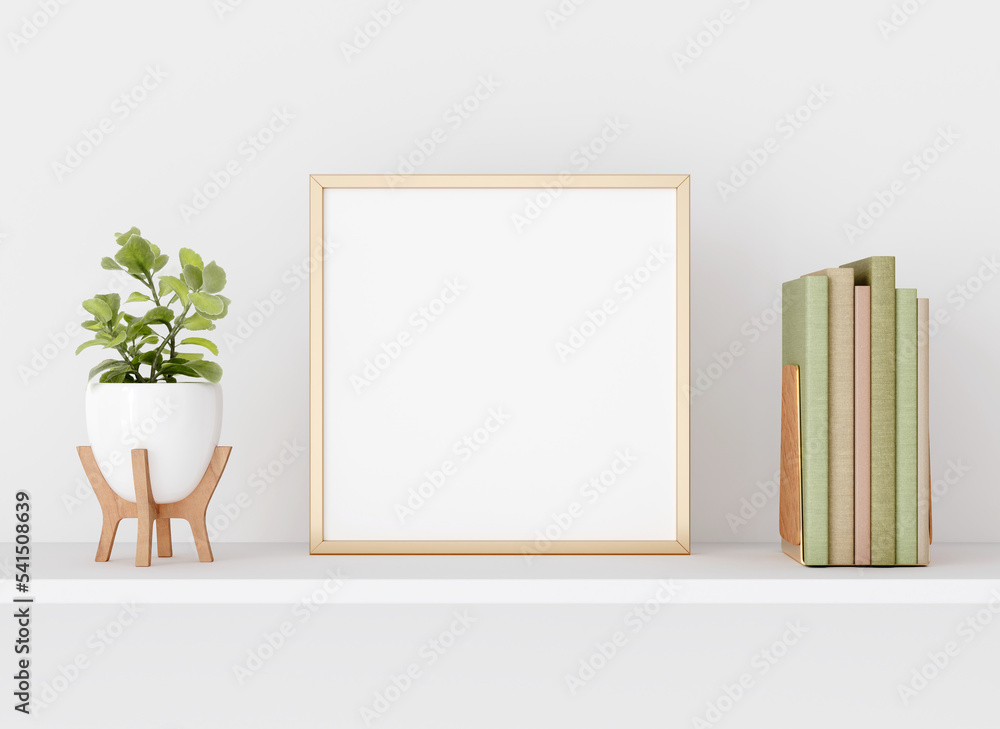 Interior poster mockup with square golden metal frame on white wall ...