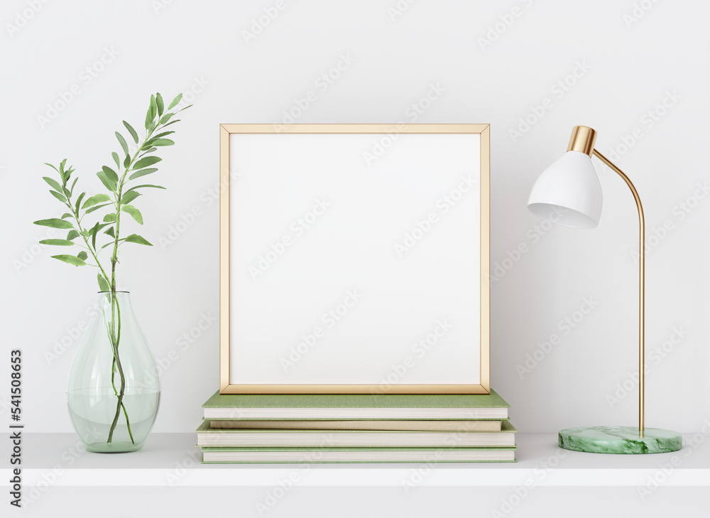 Interior poster mockup with square golden metal frame on white wall ...