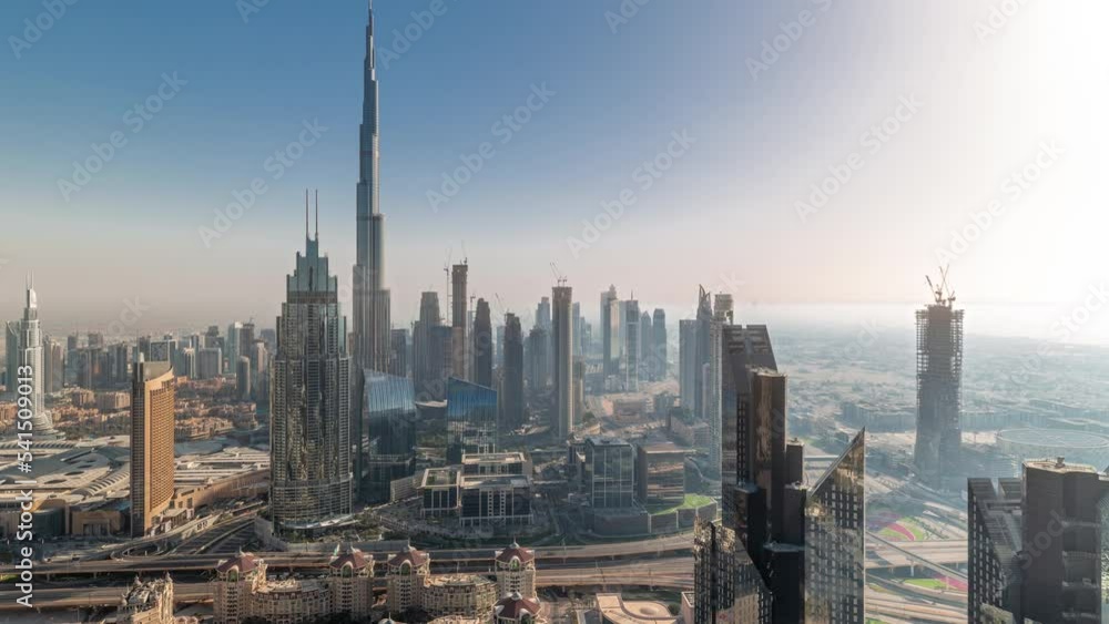 Aerial view of tallest towers in Dubai Downtown skyline and highway ...
